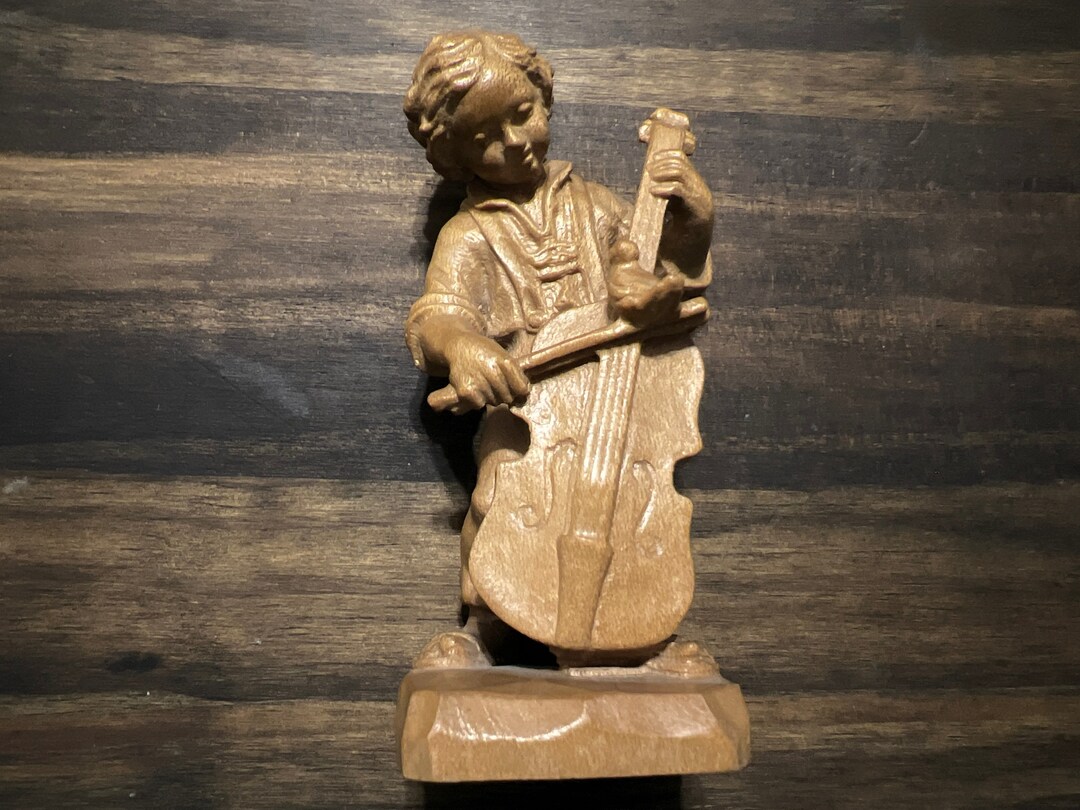 Vintage Wood Sculpture, Boy With Violin, Boy With Instrument, Hand ...