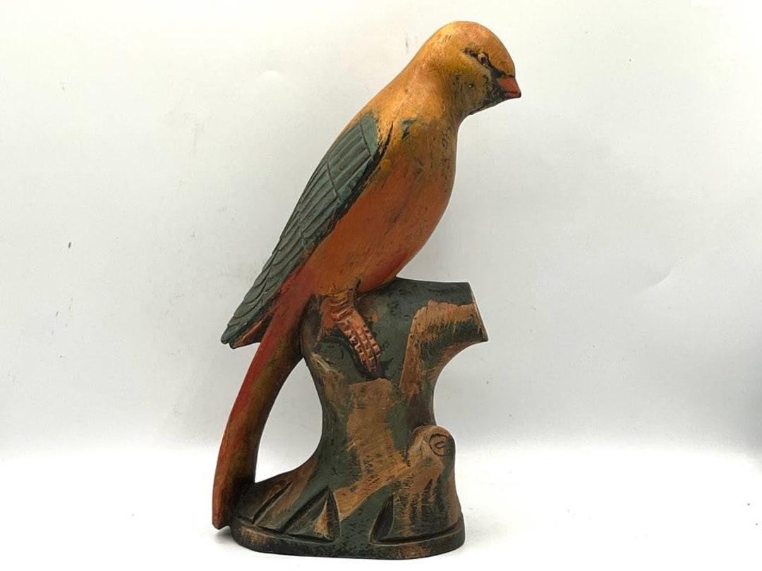 Vintage Wood Bird, Hand Carved, Hand Painted, Parrot on Tree Stump ...