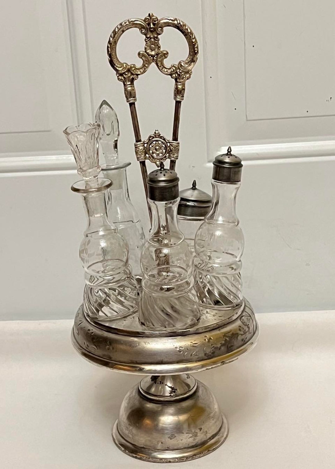 Antique Cruet Set, Silver & Glass Castor for Condiment, Rotating Stand ...