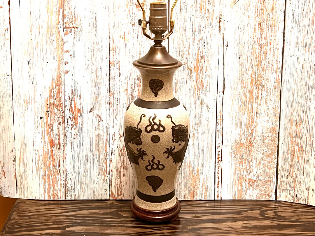 Antique DRAGON Lamp, NANKING DYNASTY, Wood Base, Chinese Crackle Glazed ...