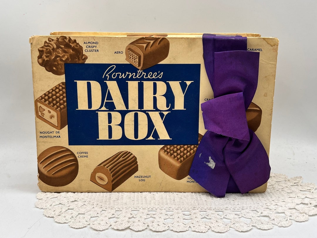 1960 Rowntrees Dairy Box, Chocolate Box, Movie Prop Chocolate Box, Purple Ribbon, Empty ...