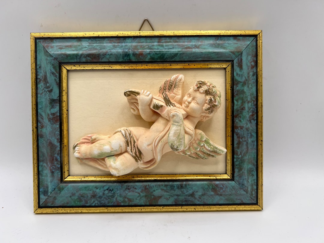 Vintage 3 Dimensional Cherub Angel in Frame, Blue Vintage Border, Gold ...