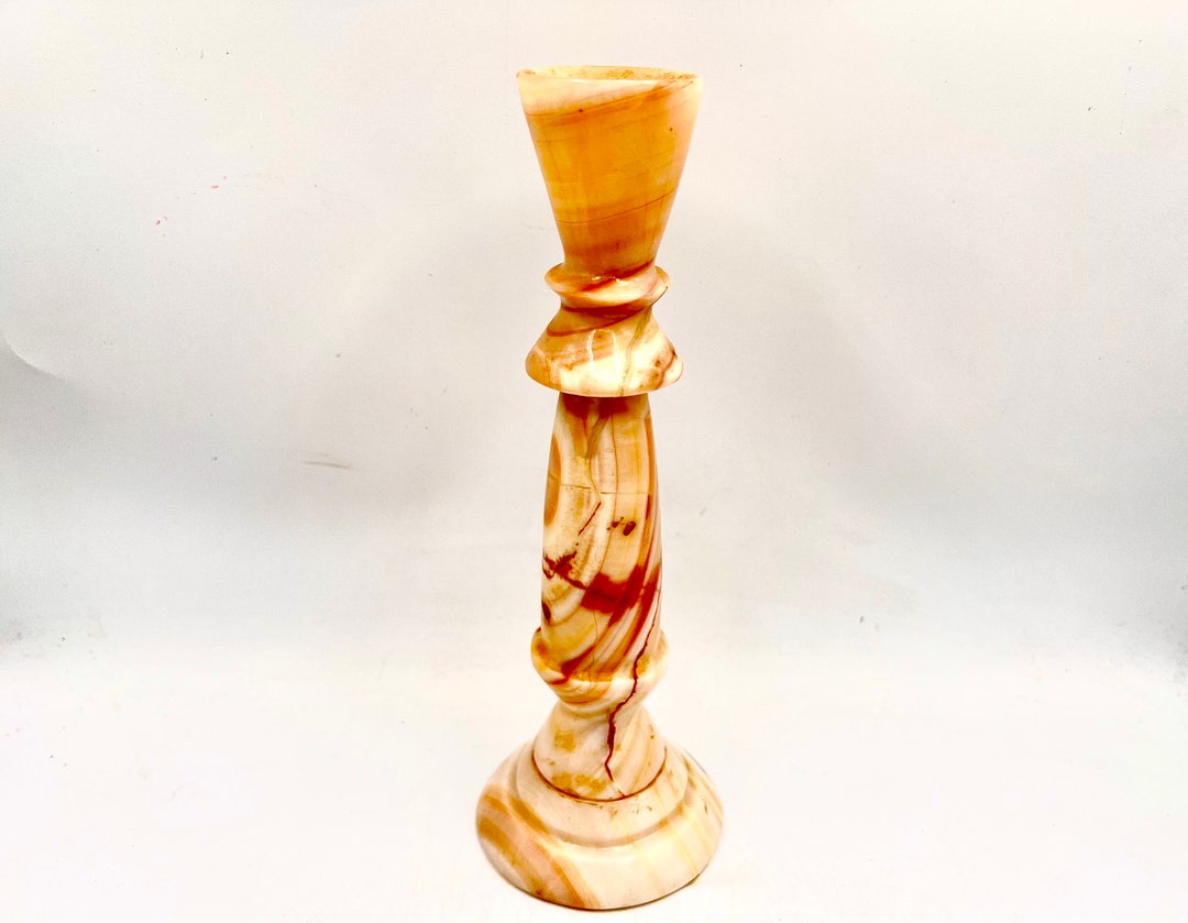 Vintage Alabaster Candlestick, Natural Colors, Brown Beige White, Onyx ...