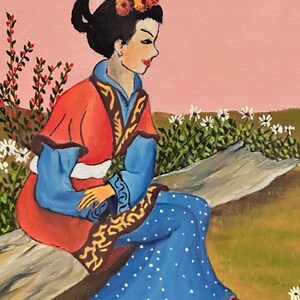 Vintage Geisha Girl Painting on Board, Wooden Frame, Signed Gaston ...