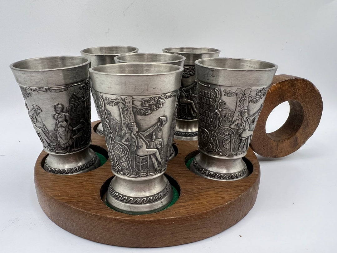 Vtg Pewter Shot Glasses, With Wood Holder, Made in Germany, Frieling ...