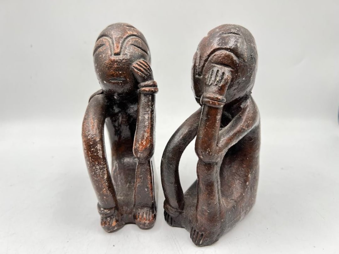 Vintage African Tribe Statues, Set O Two, Made of Stone, Sitting With ...