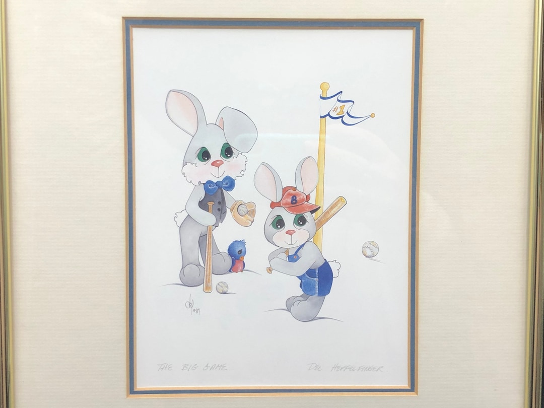 1987 Del Heffelfinger Drawing, "the BIG Game" Signed, 2 Bunny Rabbits ...