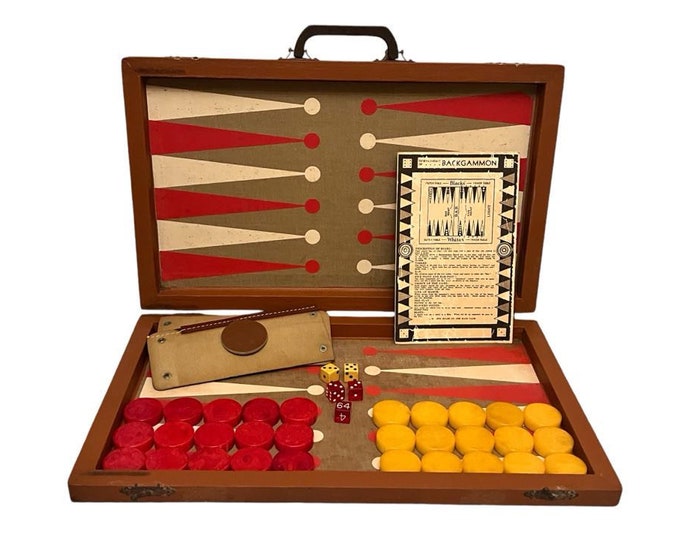 Vintage 1970 Backgammon Set, 30 Bakelite Red & Yellow Marbled Catalin ...