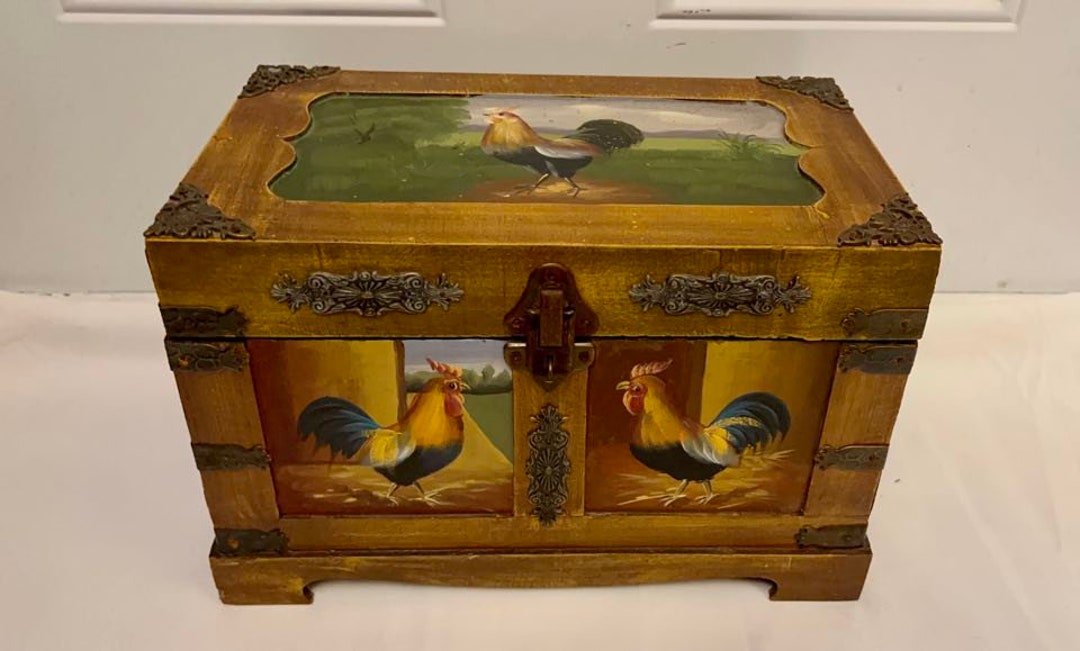 Vintage Apothecary Storage Box, Rooster Wooden Chest, Folk Art, Hand ...