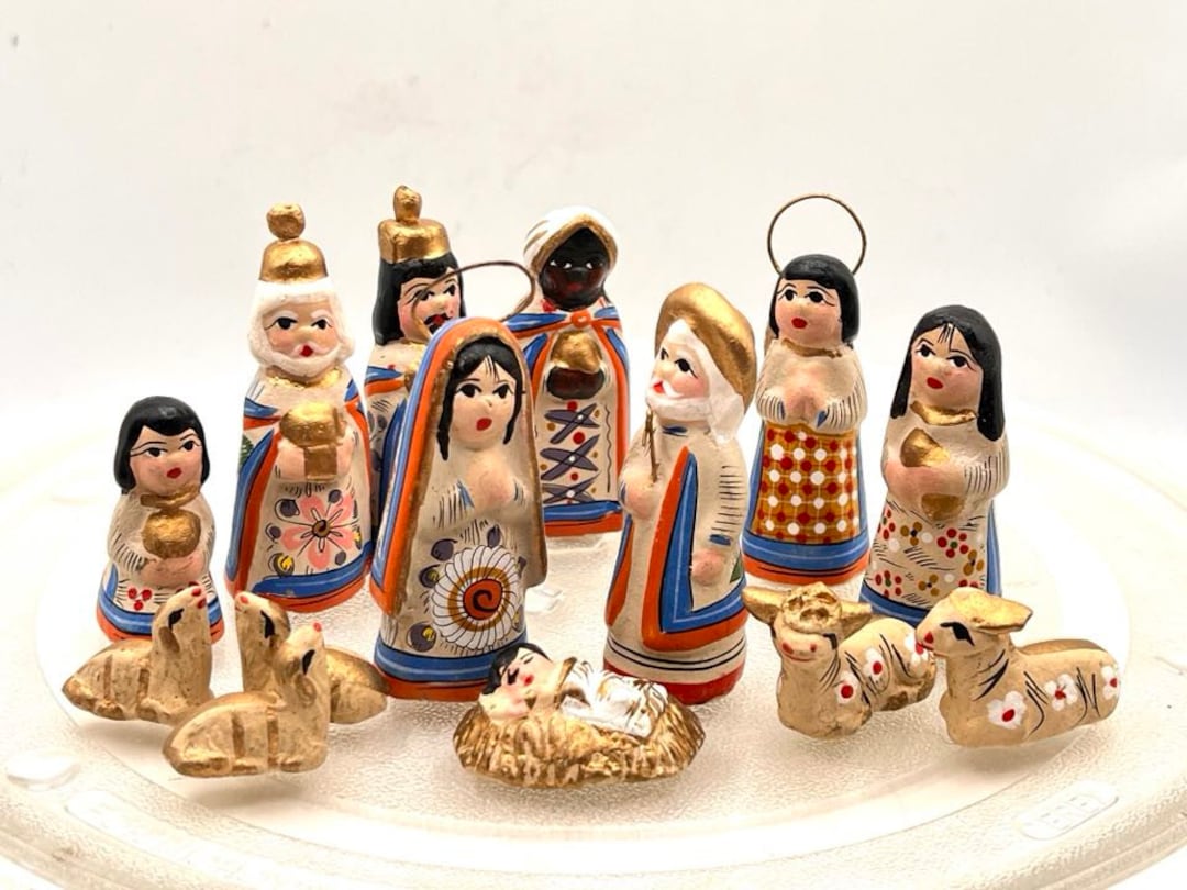 Vintage Mexican Nativity Set, 14 Pieces, Clay, Hand Painted, Pottery ...