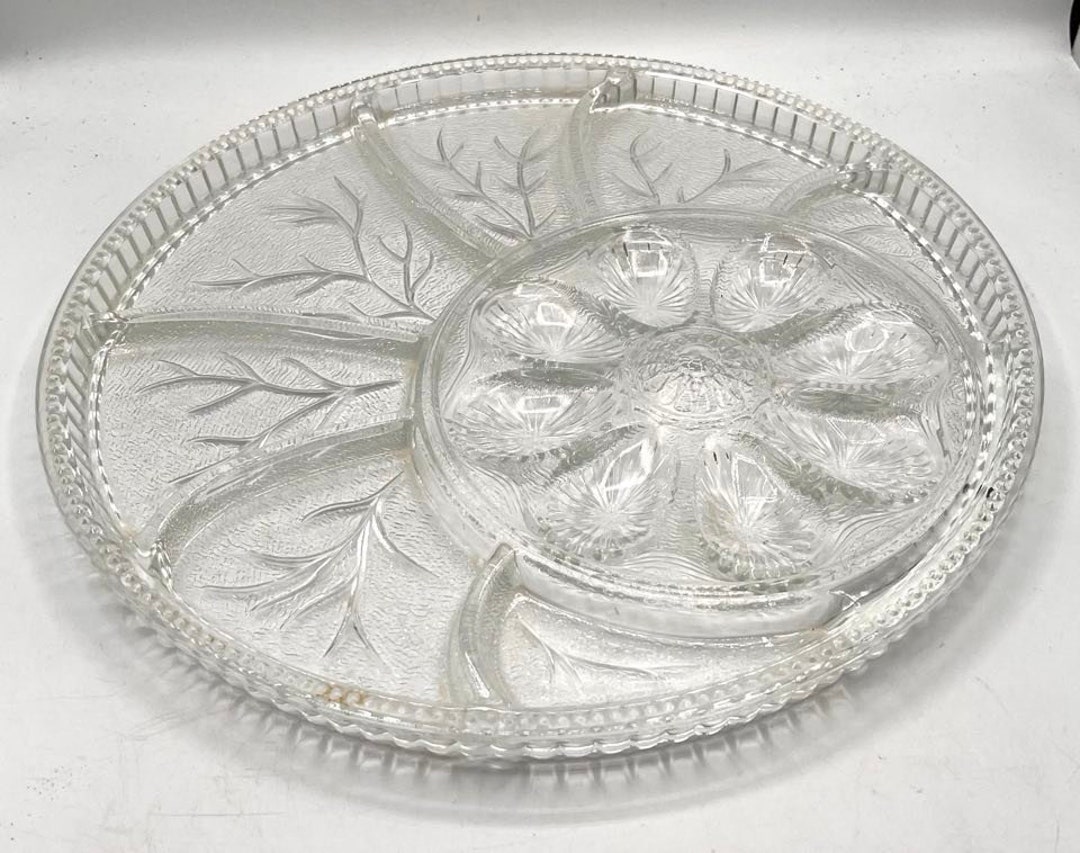 Vintage Indiana Glass Deviled Egg Plate: Pebble Leaf Hors D'oeuvre ...