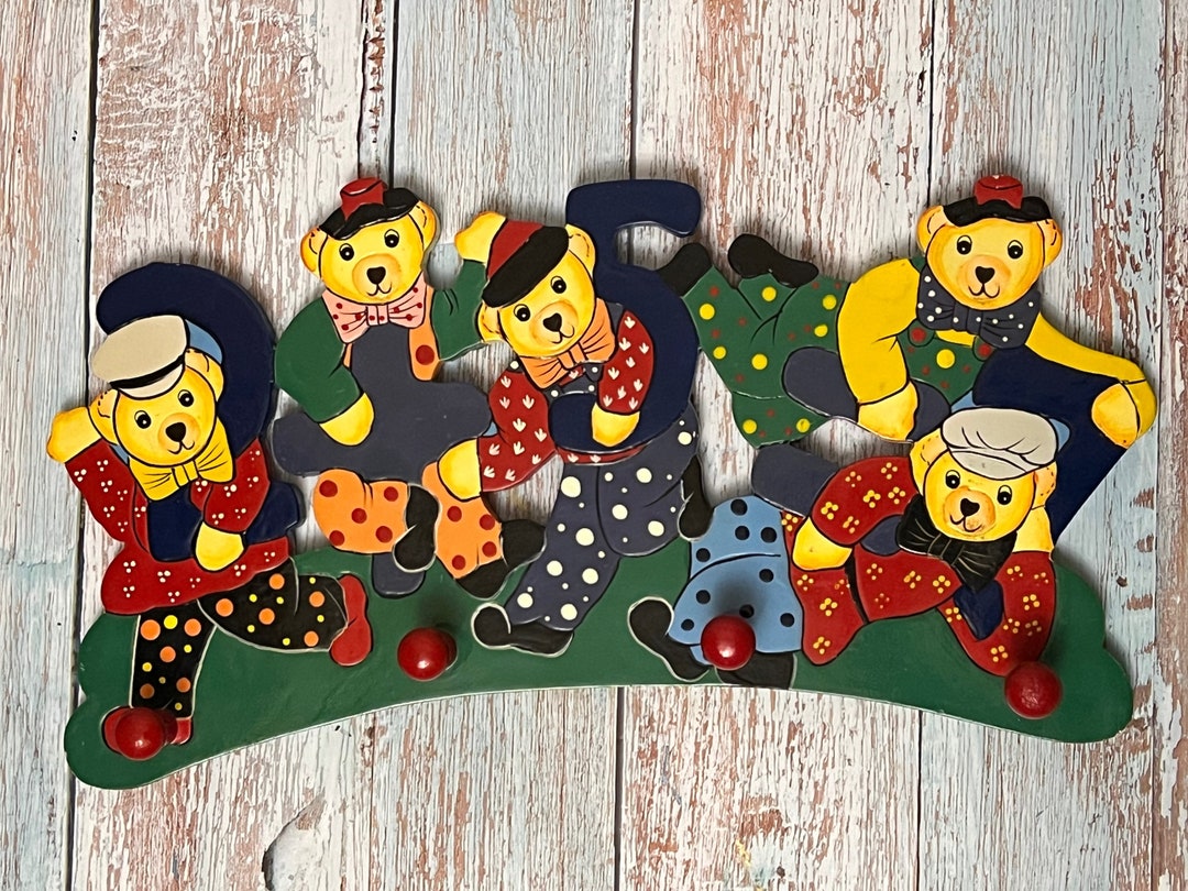 Vintage Teddy Bear Wall Hooks, Hand Made, Hand Painted, 5 Colorful ...