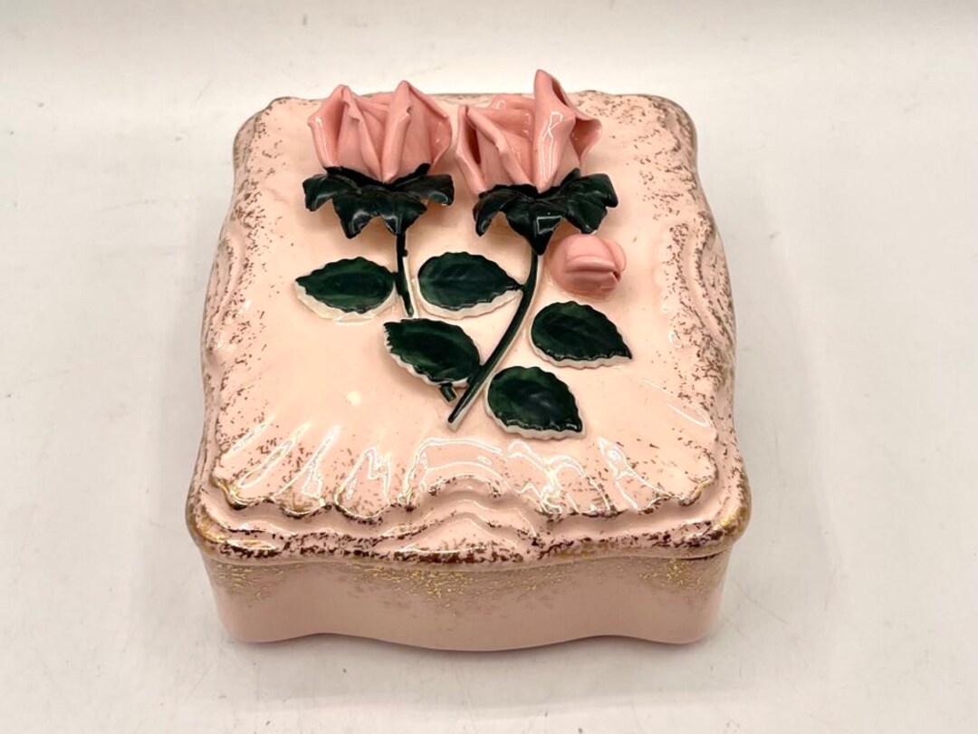 Vintage Porcelain Trinket, Pink Embossed Roses on Lid, Gold Details ...