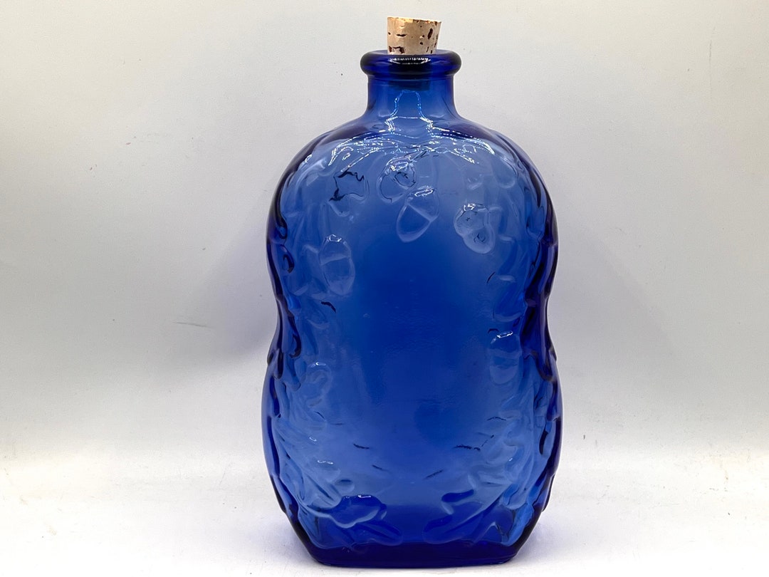 Vintage Cobalt Blue Glass Bottle: Acorn & Leaf Design, Cork Lid - Etsy