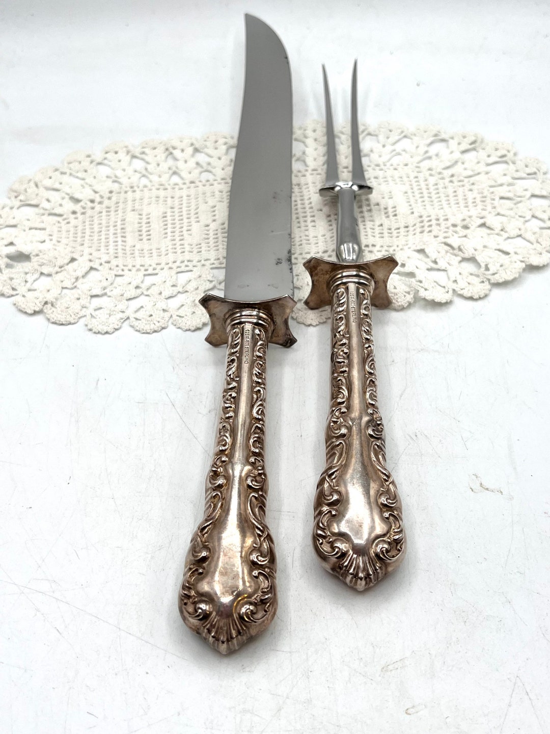 Vintage 925 Sterling Silver Carving Set, Forged Silver, Stainless Blade ...
