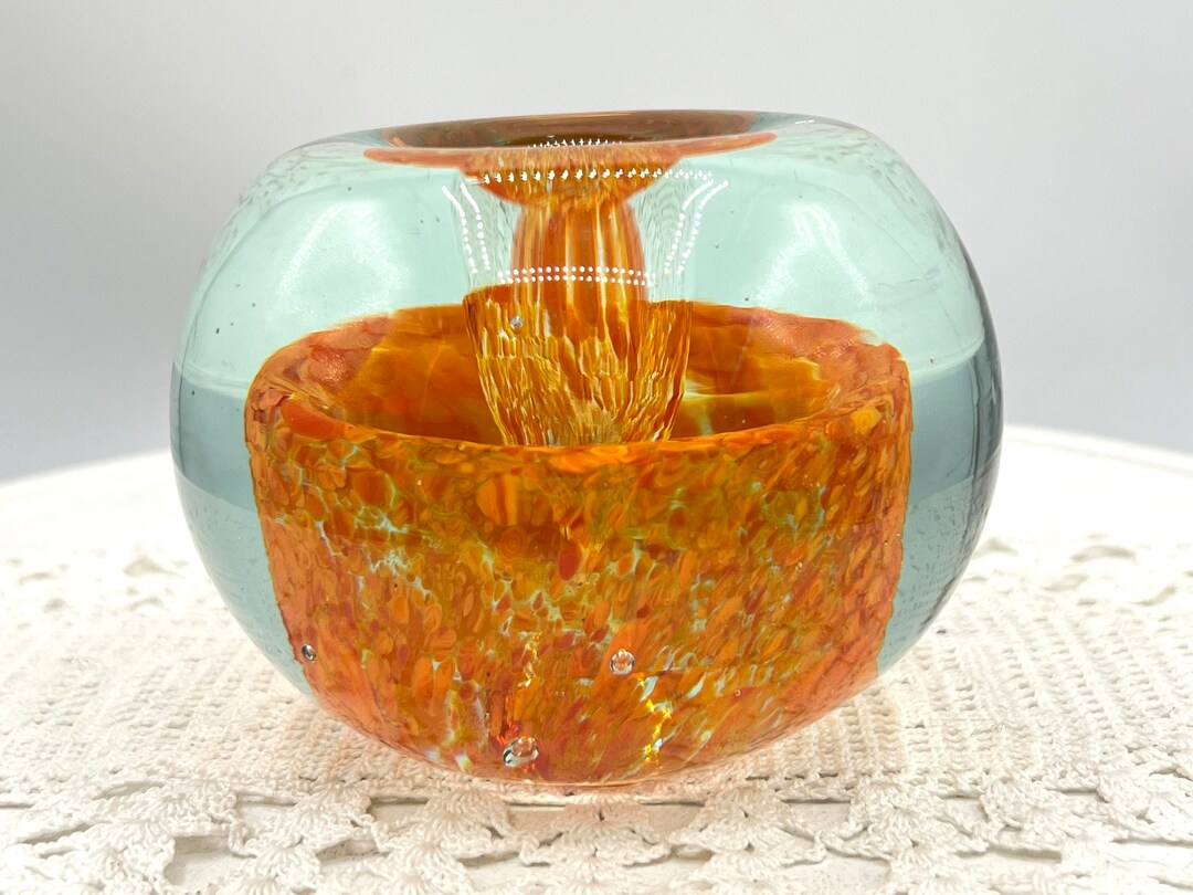 Vintage Glass Paperweight, Inkwell Orange Volcano, Glass Art ...