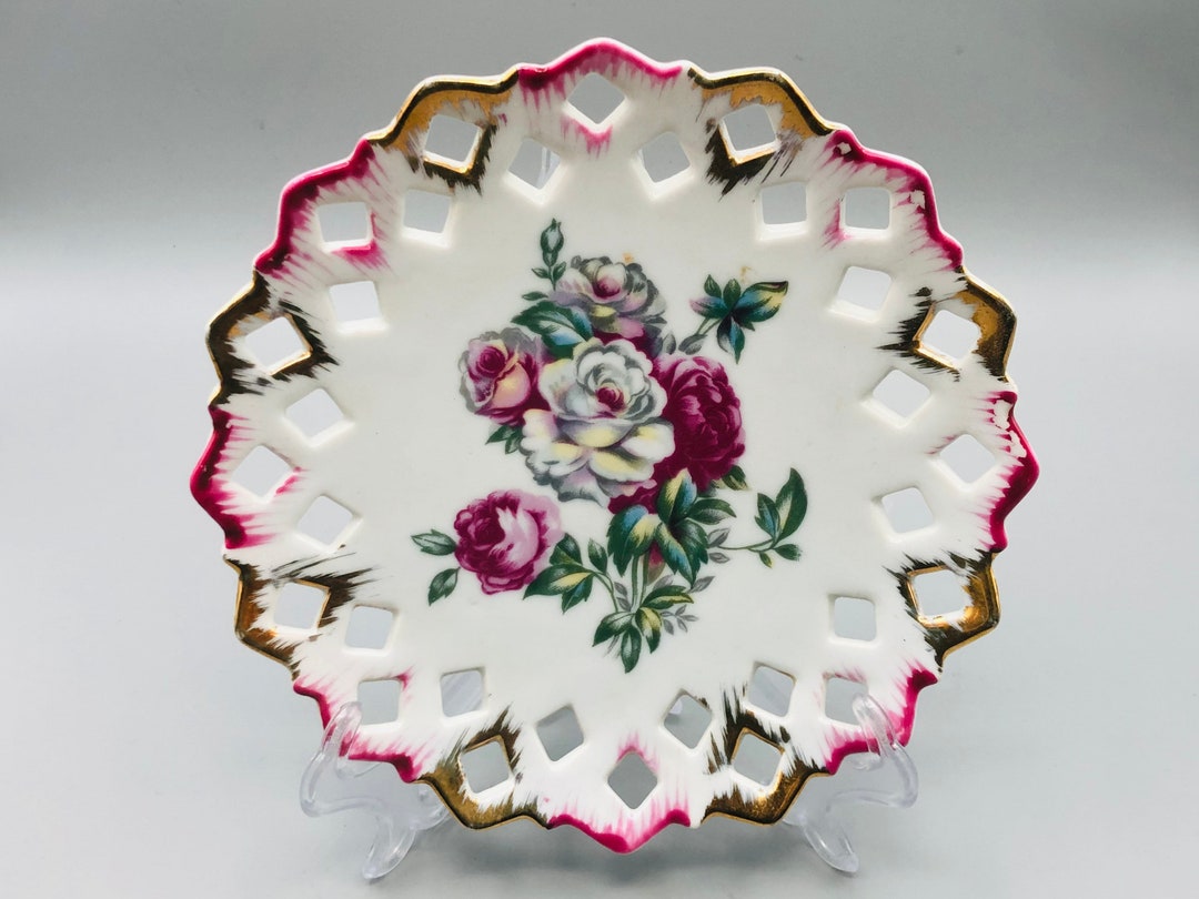 Vintage Reticulated Plate, Porcelain Collectible, Wall Hanging, Pink ...