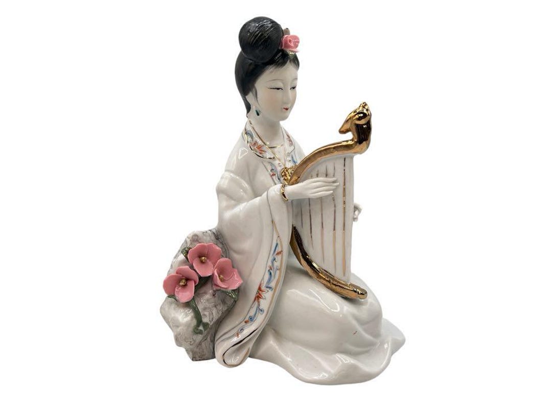 Vintage Ceramic Geisha Girl, Playing the Harp, Flowers & Gold Bird in ...