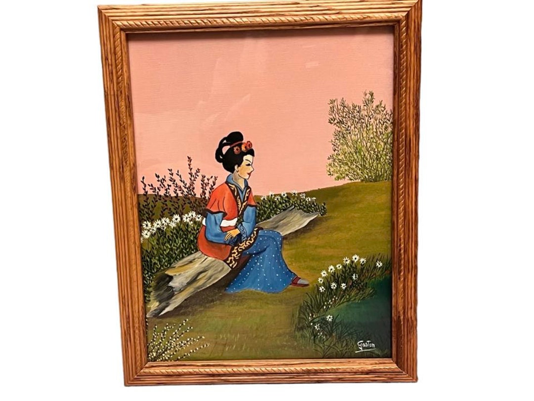 Vintage Geisha Girl Painting on Board, Wooden Frame, Signed Gaston ...