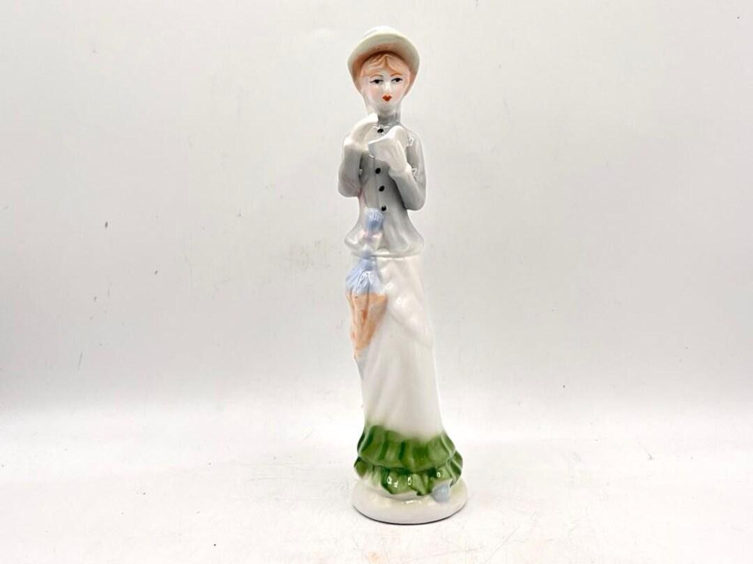 Vintage Lady Figurine, Victorian Style, Ceramic Lady, White Blue Green ...