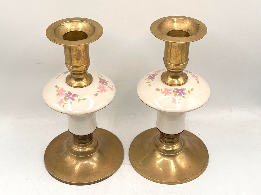 Vintage Brass Ceramic Candle Holders, Hand Painted Flowers, Taper ...