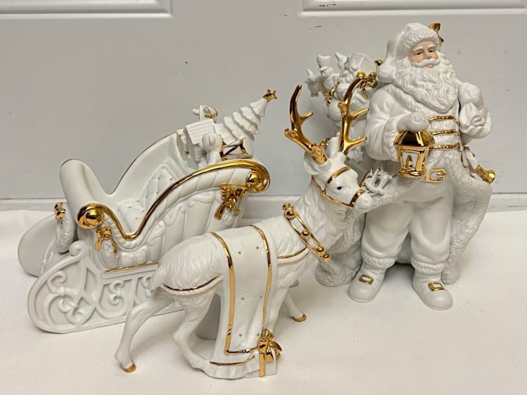 Vintage Christmas Porcelain Santa Sleigh & Reindeer Set - Etsy