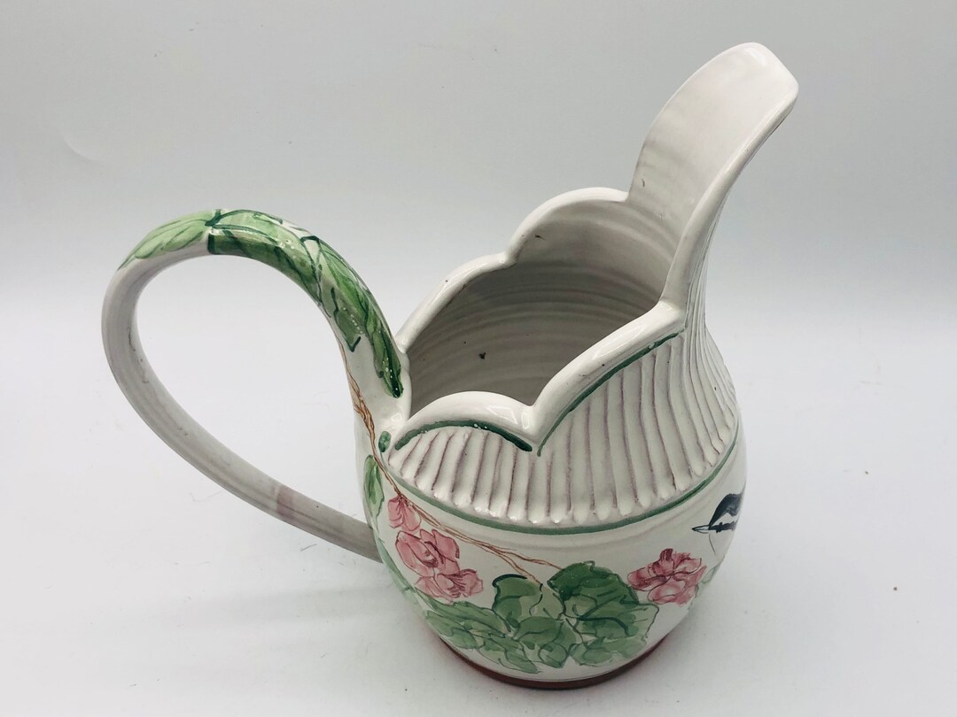 Tudor Water Jug, Signed, Hand Painted Pink Flowers & Bird, Glazed Clay ...