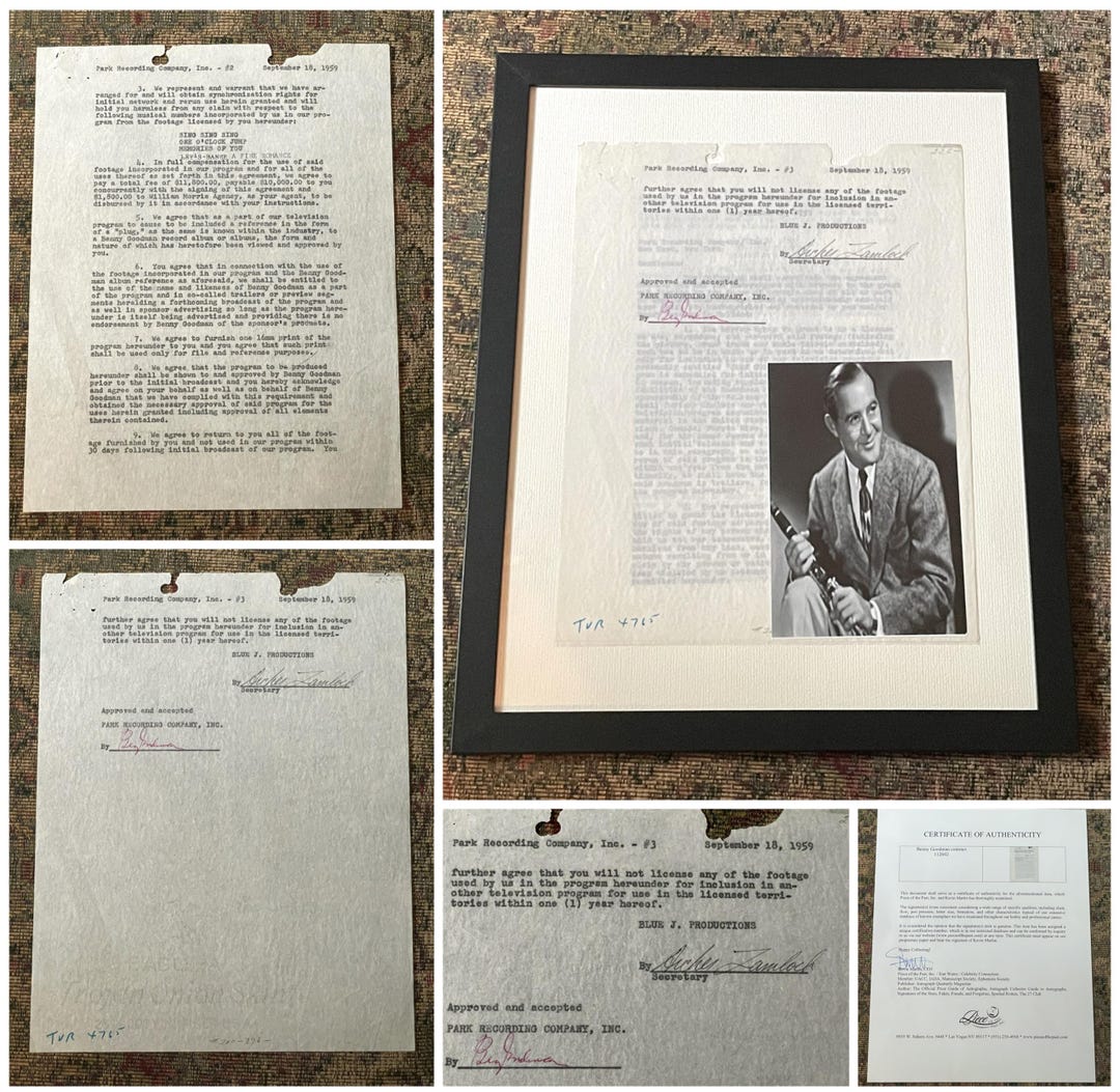 Rare, Vintage, Framed BENNY GOODMAN SIGNED Autographed Contract Dated 9 ...