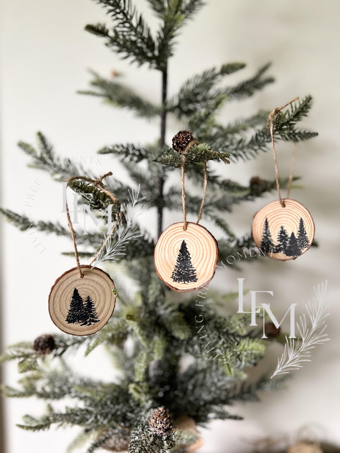 Pine Tree Trio | Hand Stamped Wood Slice Christmas Ornaments - Etsy