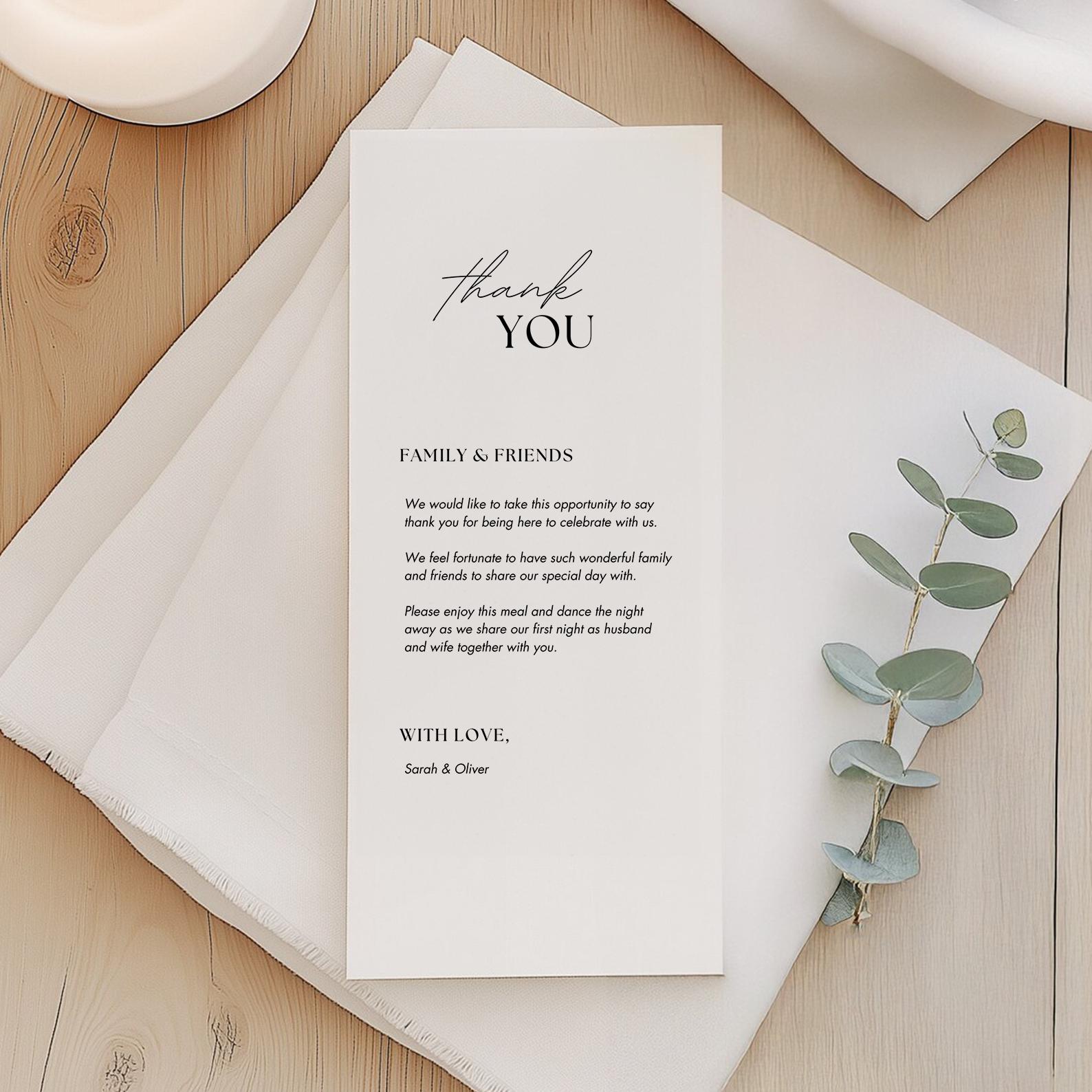Menu and Thank You Letter, Wedding Menu Thank You, Wedding Napkin Note ...