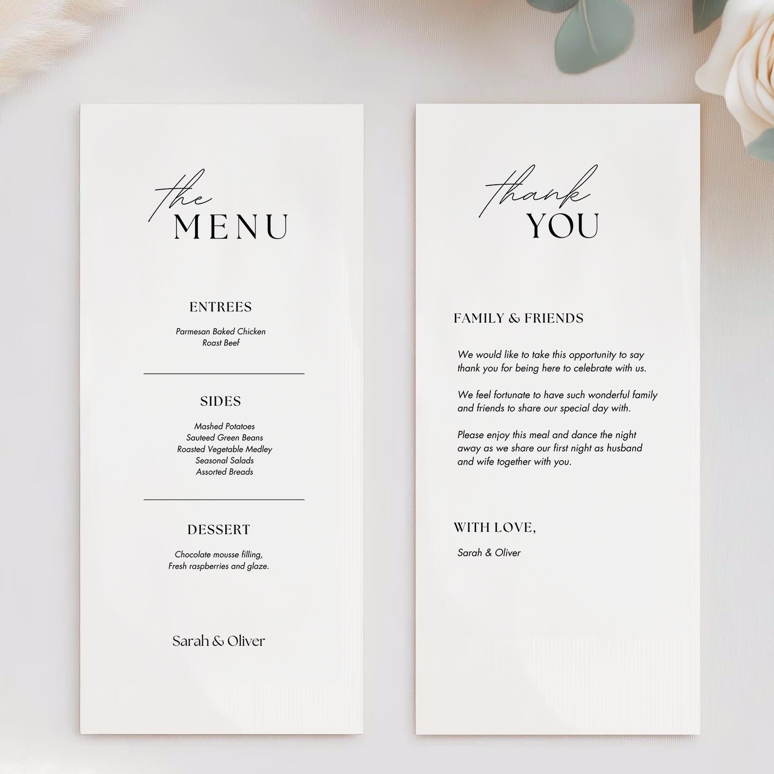 Menu and Thank You Letter, Wedding Menu Thank You, Wedding Napkin Note ...