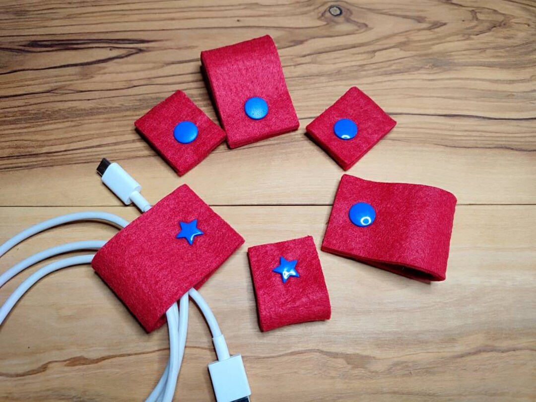 6 Cable Holders Made of Rich Red Felt With Blue Snap Fasteners in 3 ...