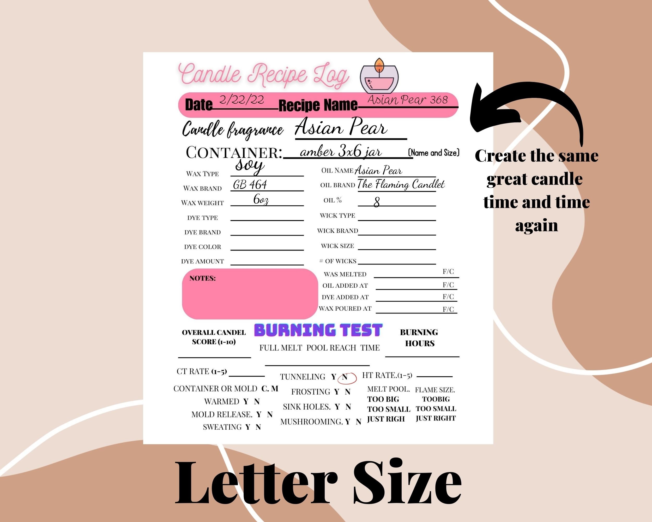 Printable Candle Recipe Templet Candle Test Sheet Candle Maker Log ...