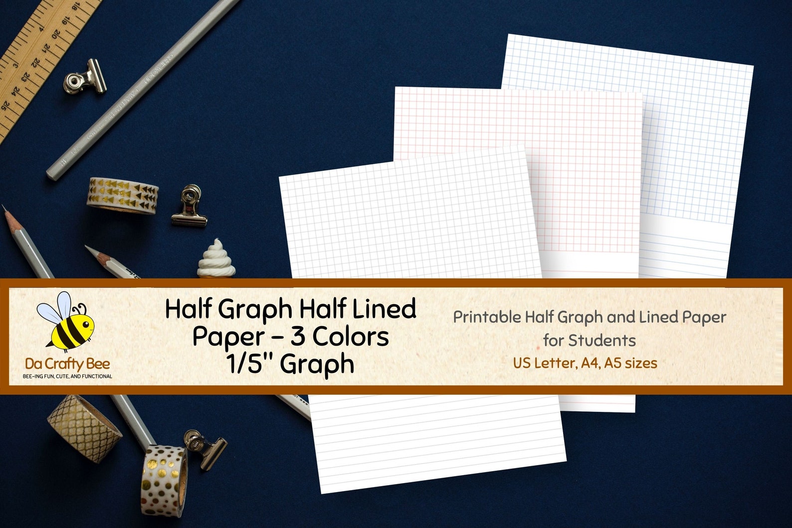 Printable Half Graph and College Ruled Paper - 1/5" Graph Paper in ...