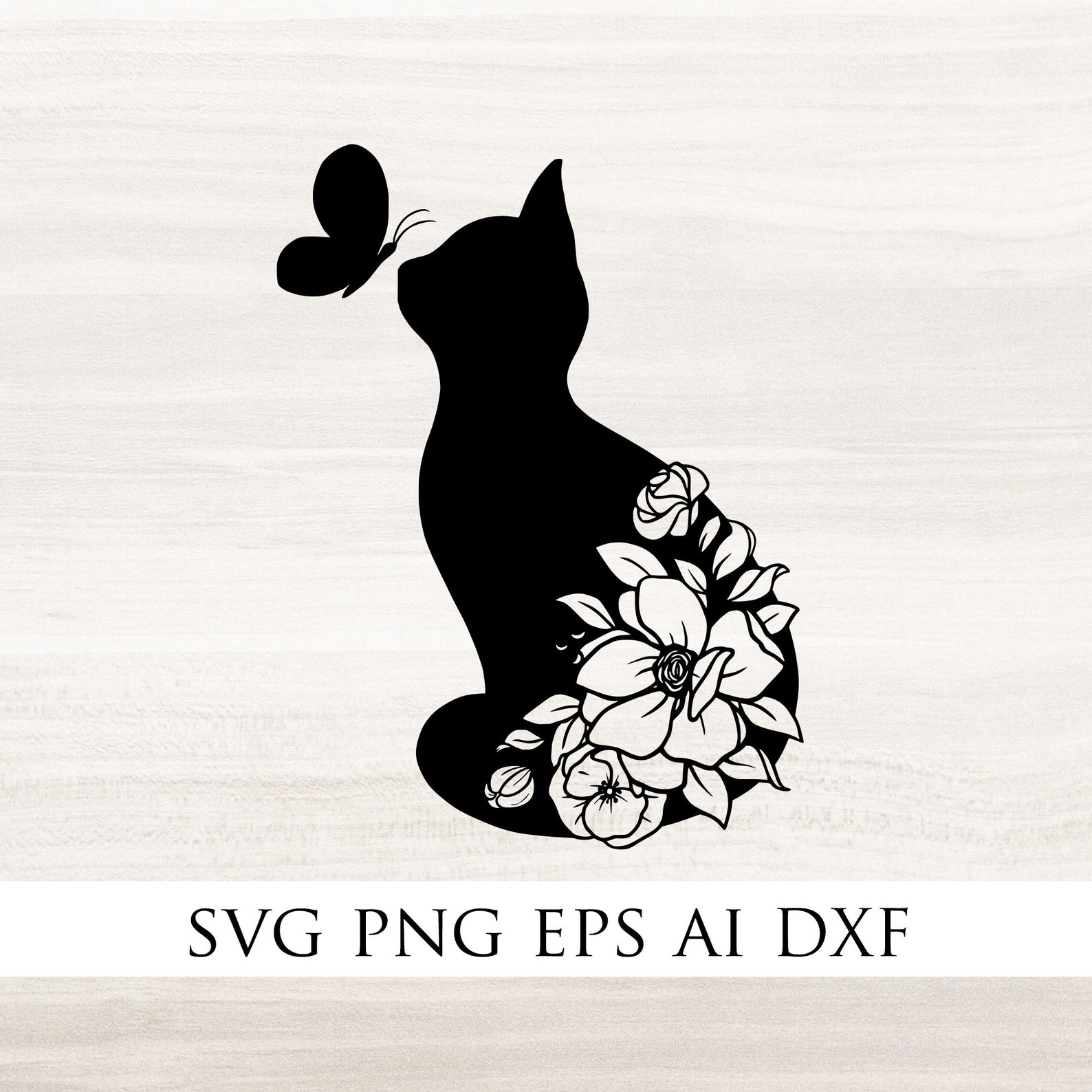 Chat avec des fleurs SVG svg floral de chat silhouette noire | Etsy