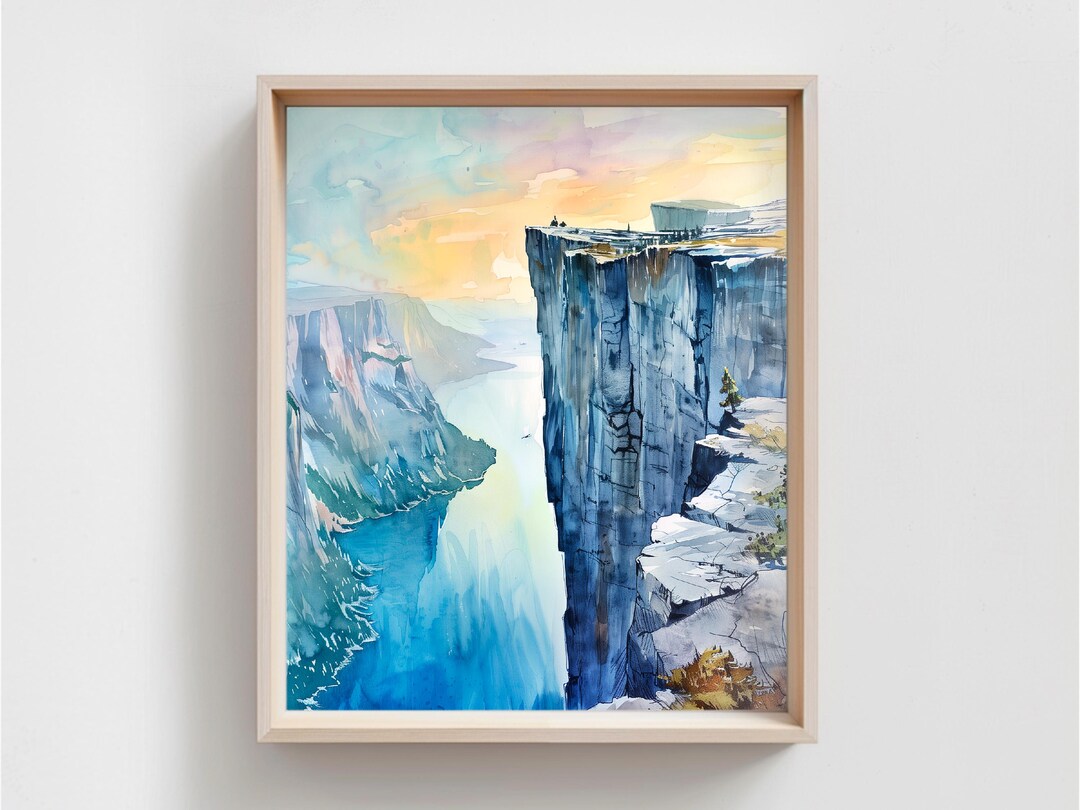 Pulpit Rock Wall Art, Norway Watercolor Painting, Preikestolen Travel ...