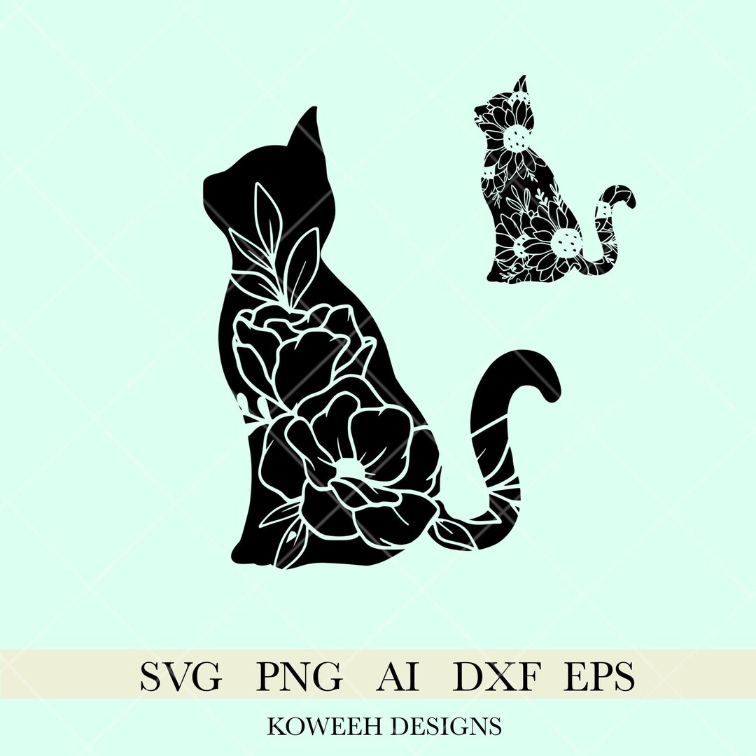 Floral Cat Silhouette SVG Floral Cat Svg Black Cat - Etsy