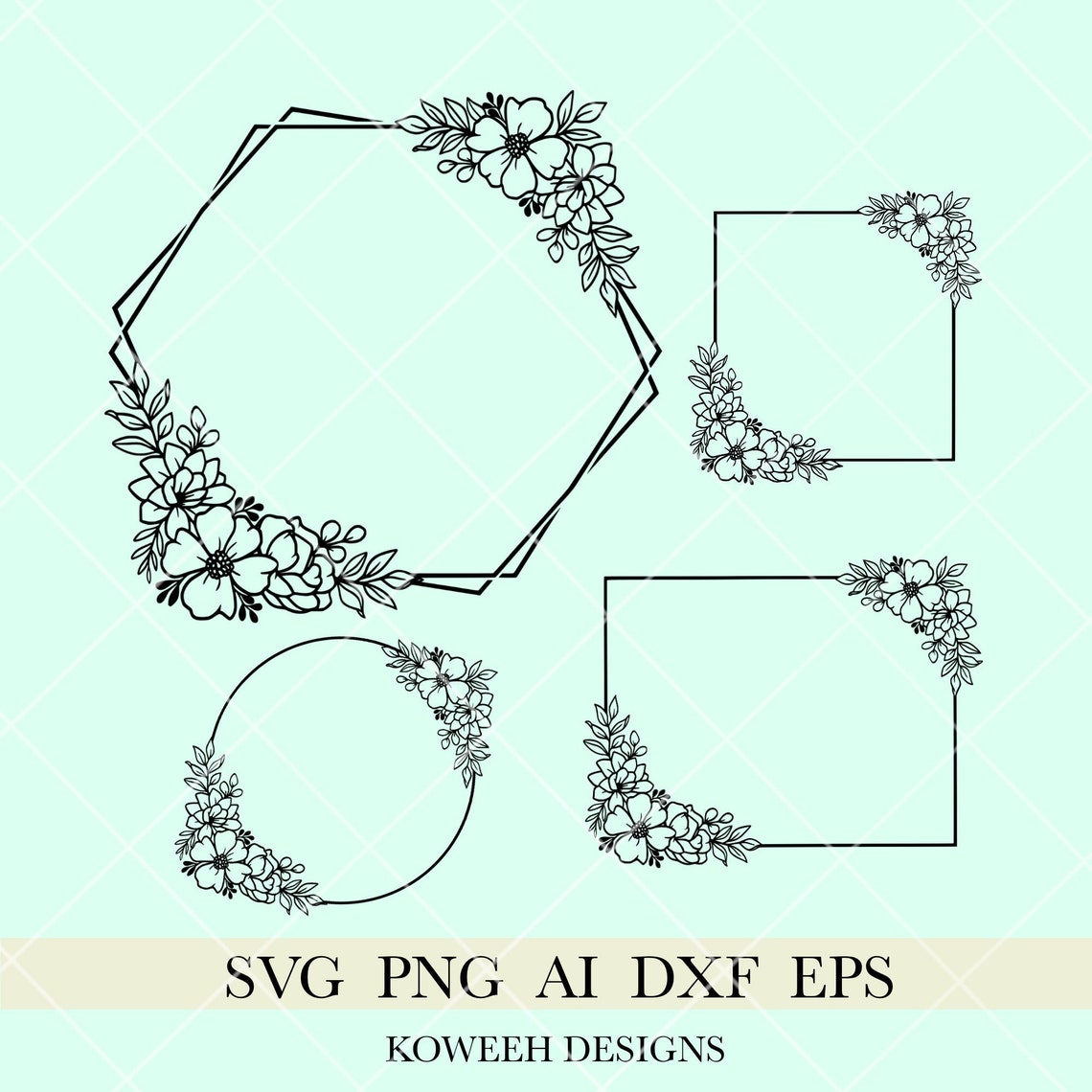 Hexagon Frame Svg Floral Frame Svg Bundle Flower Monogram - Etsy