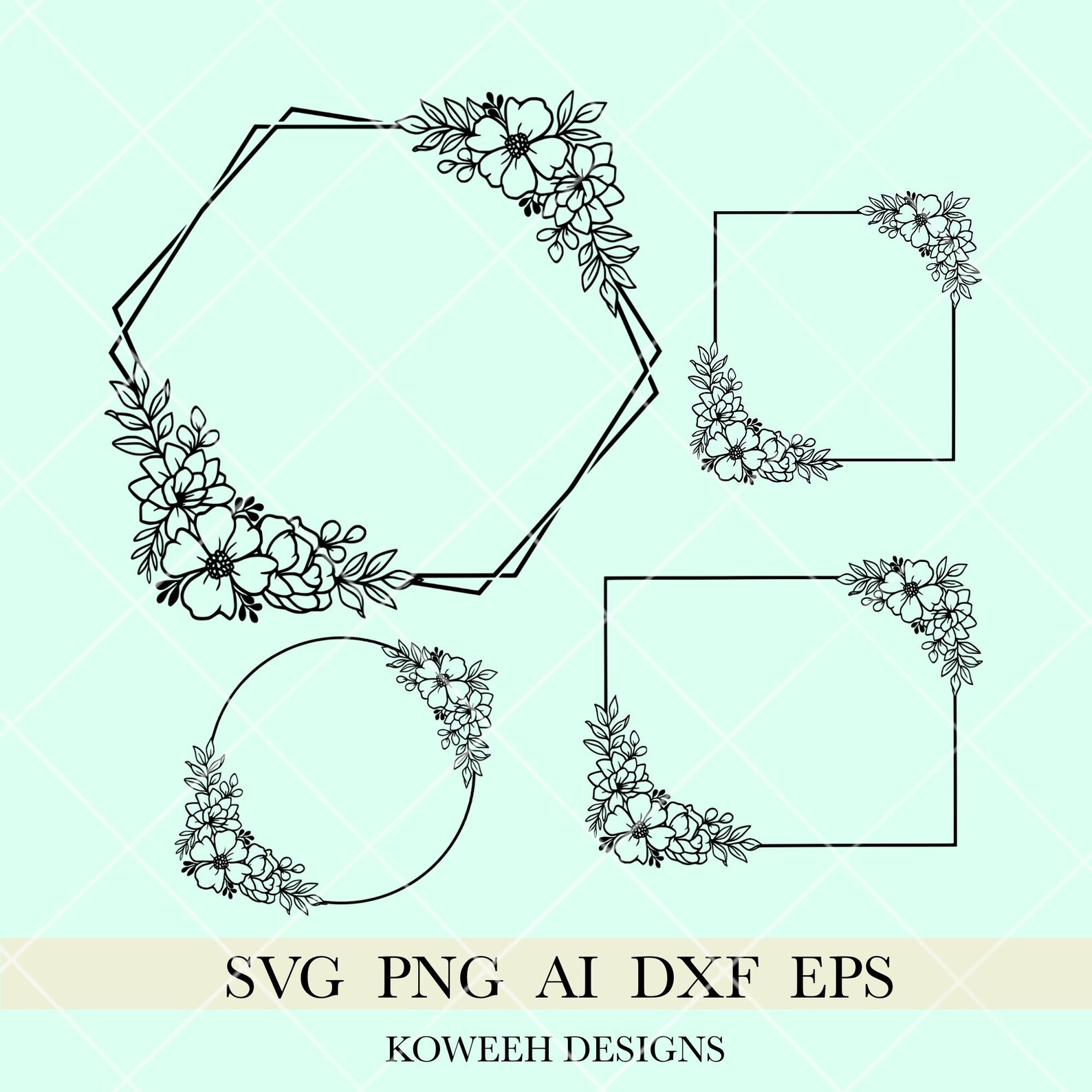 Hexagon Frame Svg Floral Frame Svg Bundle Flower Monogram - Etsy