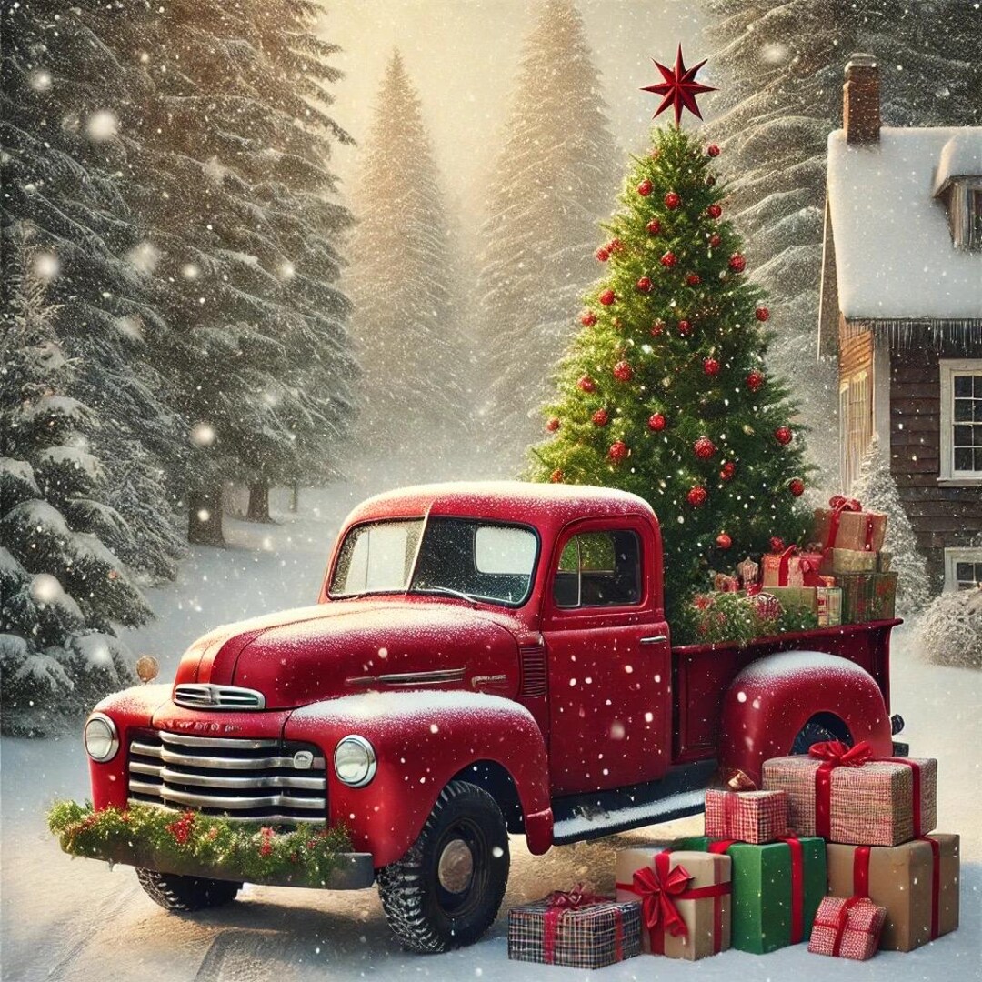 Christmas Antique Red Truck Design JPEG - Etsy