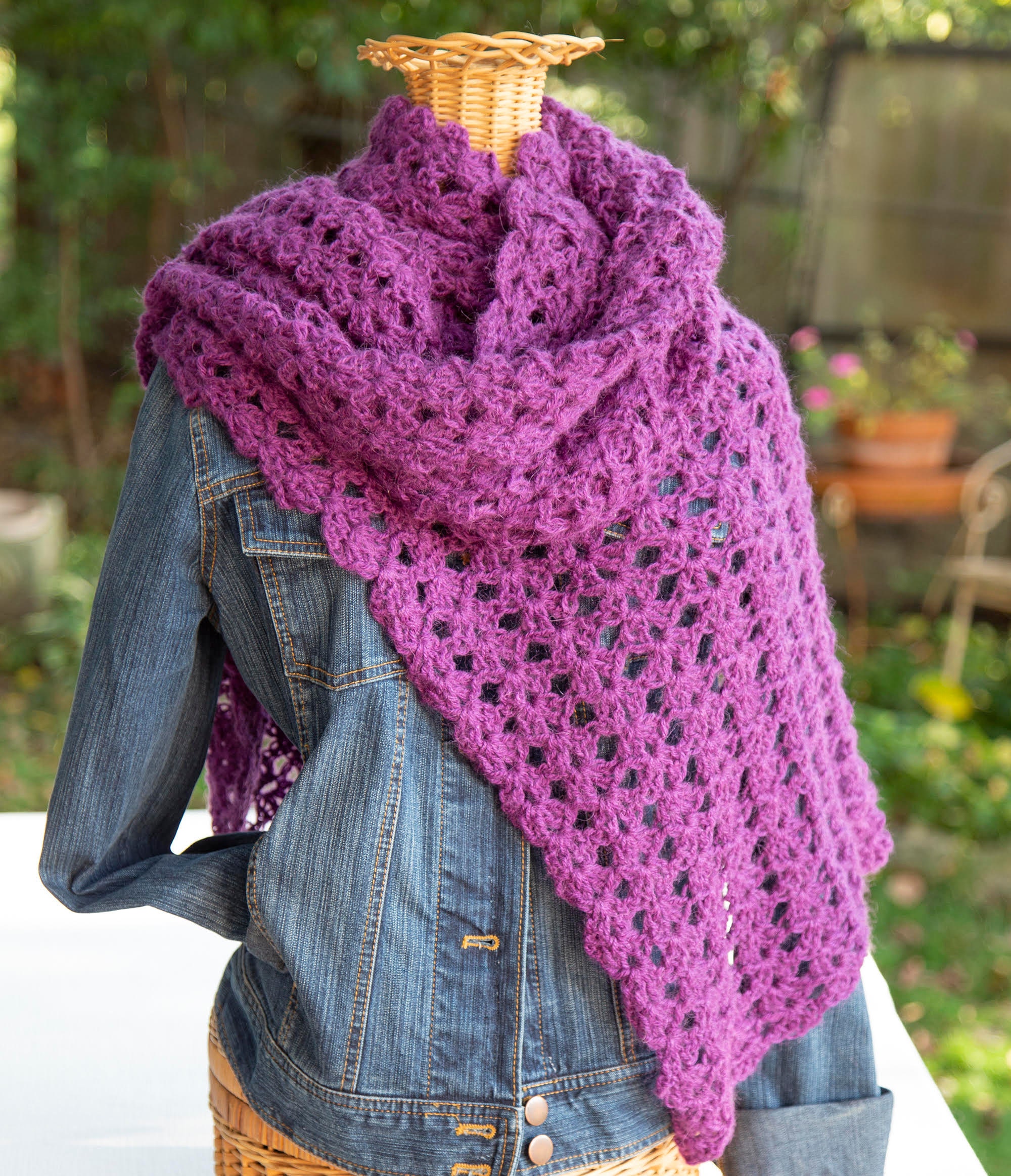 Crocheted Shawl, Raspberry Color, Fuzzy Yarn, Intricate Stitch Pattern ...