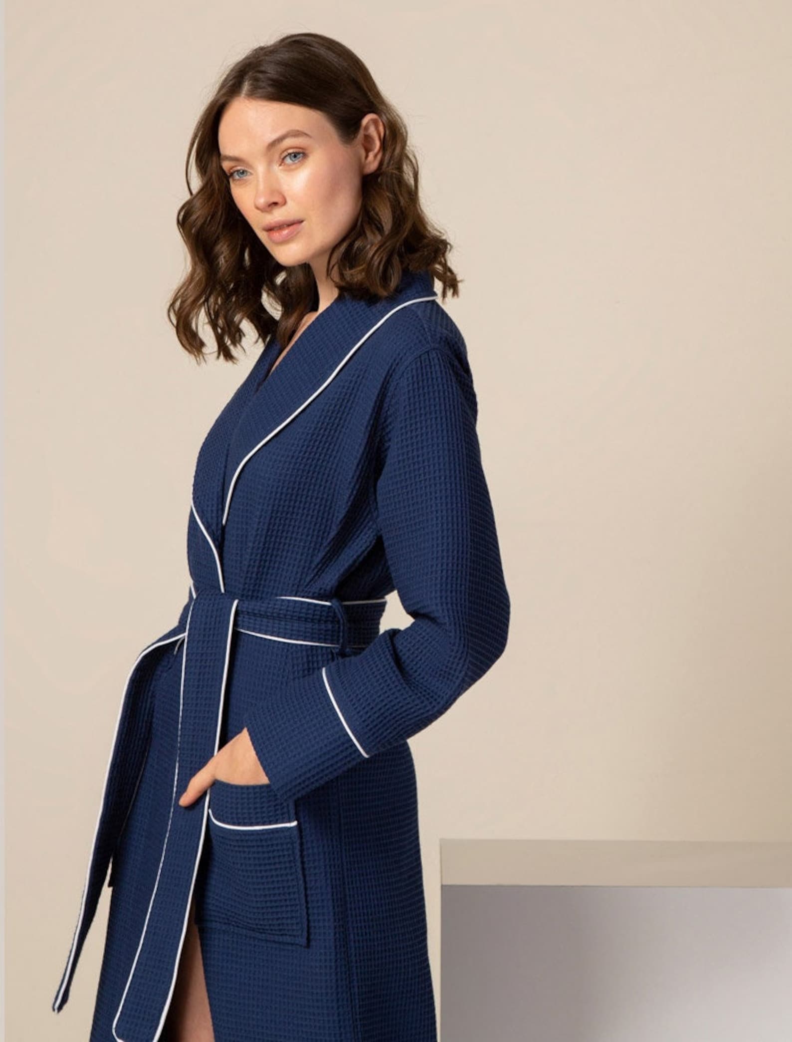 Womens Luxury Waffle Shawl Collar Robe With Piping | Etsy