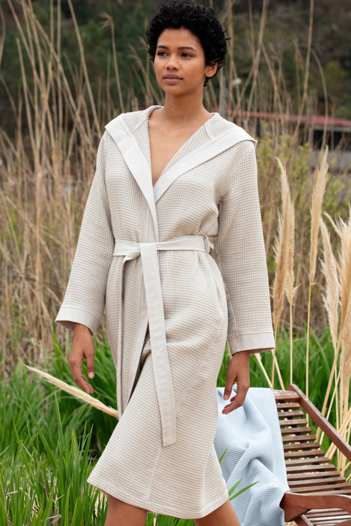 Womens Luxury Waffle Hooded Robe With Linen Piping - Etsy