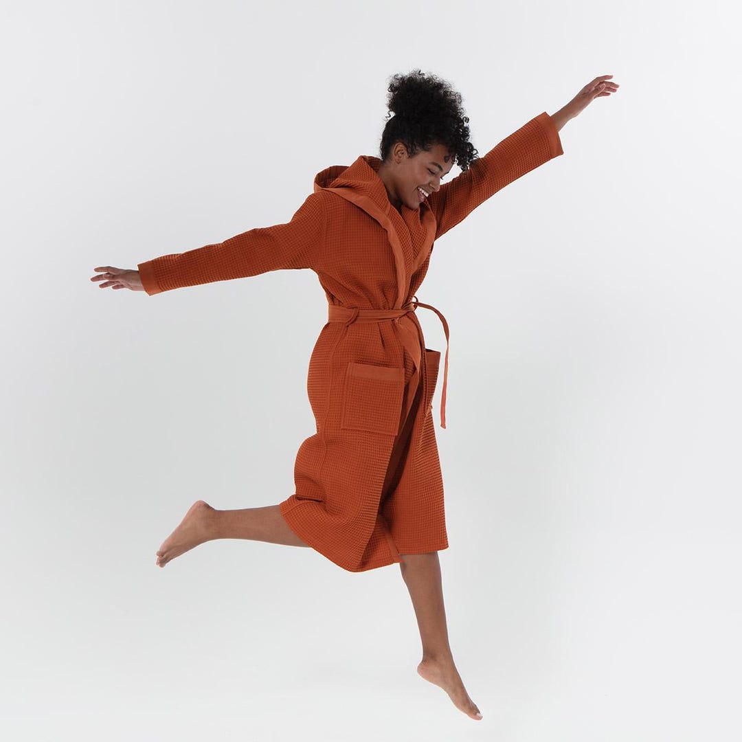 Women’s Luxury Waffle Hooded Robe With Linen Piping – Lightweight, Long ...