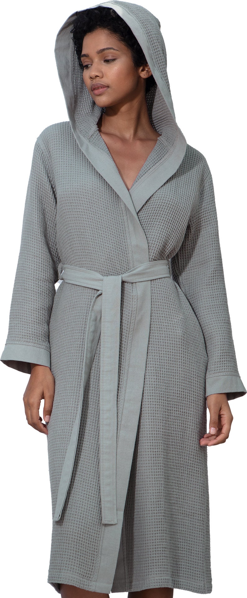 Womens Luxury Waffle Hooded Robe With Linen Piping - Etsy