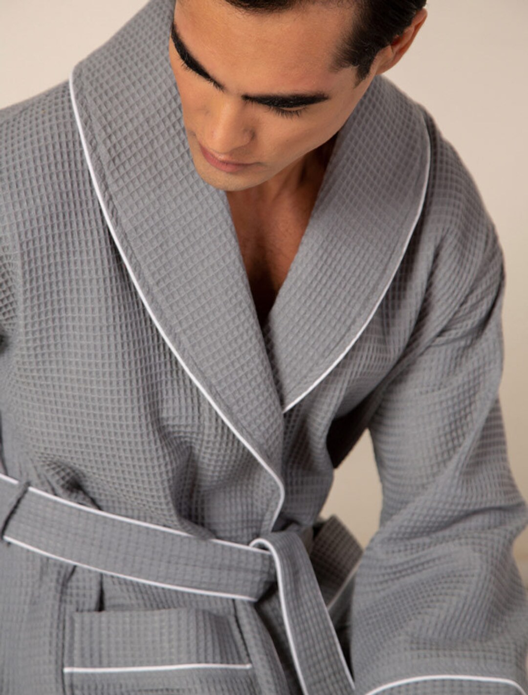 Mens Waffle Robe With Piping Lightweight Cotton - Etsy Australia