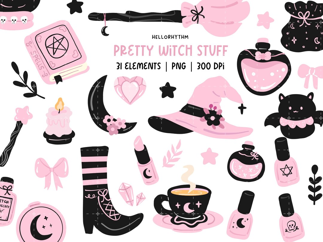 Pretty Pink Witch Clipart Set | Cute Girly Witchy PNG Bundle | Magical ...