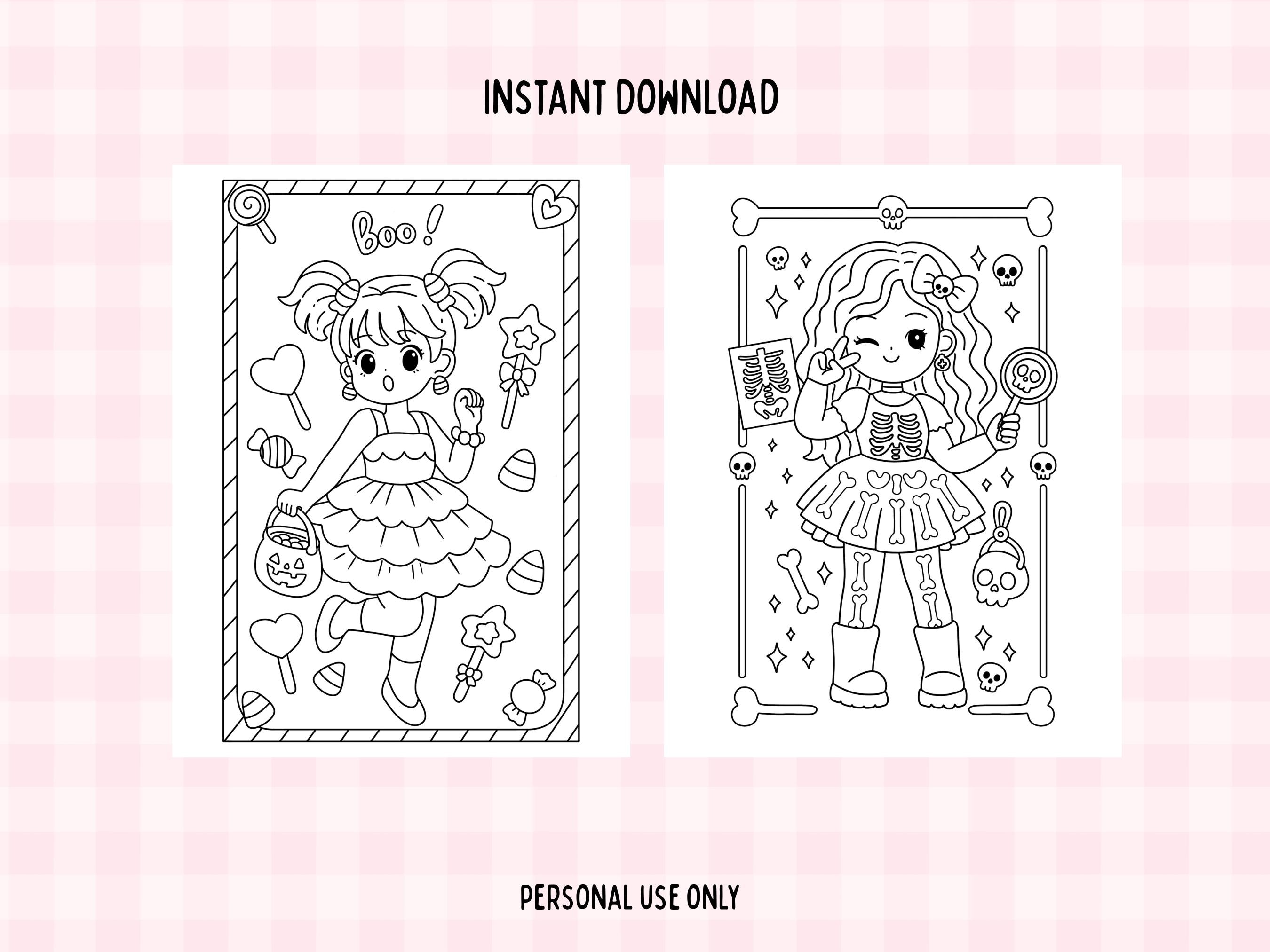 Kawaii Girls Halloween Coloring Pages Cute Chibi Witchy Girls Printable ...