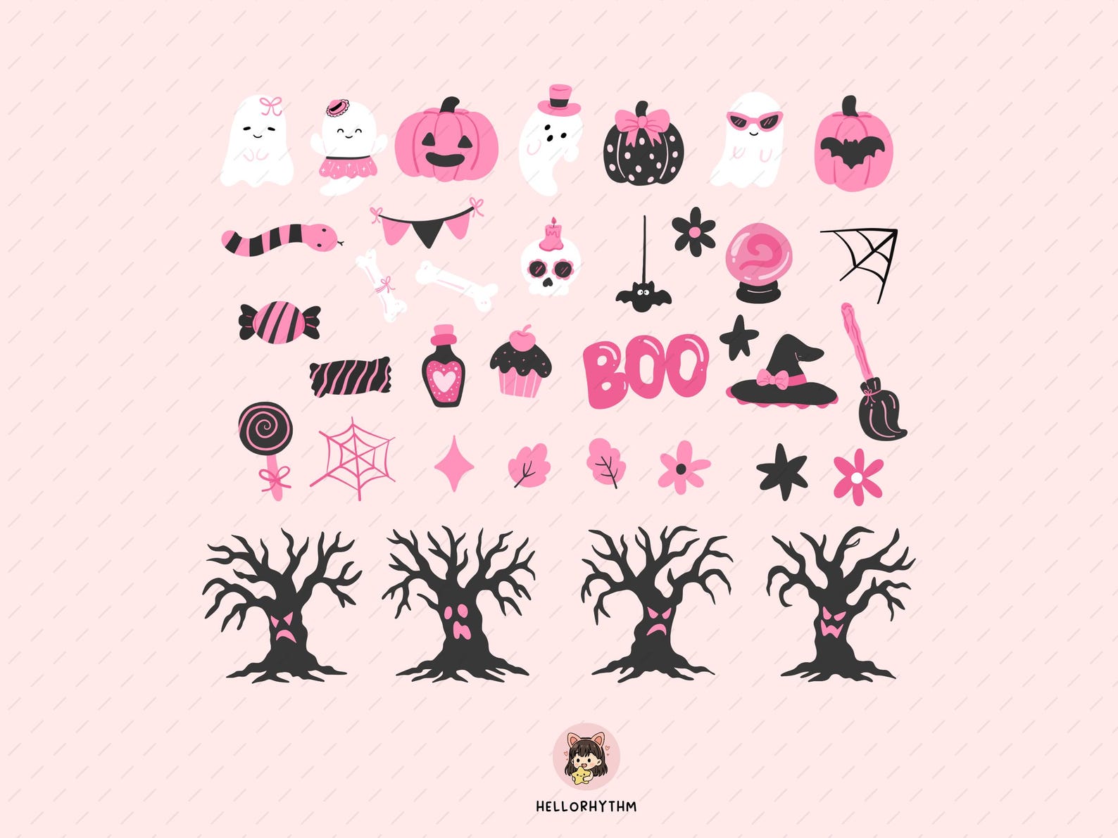 Cute Pinkoween Pink Halloween Clipart Bundle , PNG Commercial License ...
