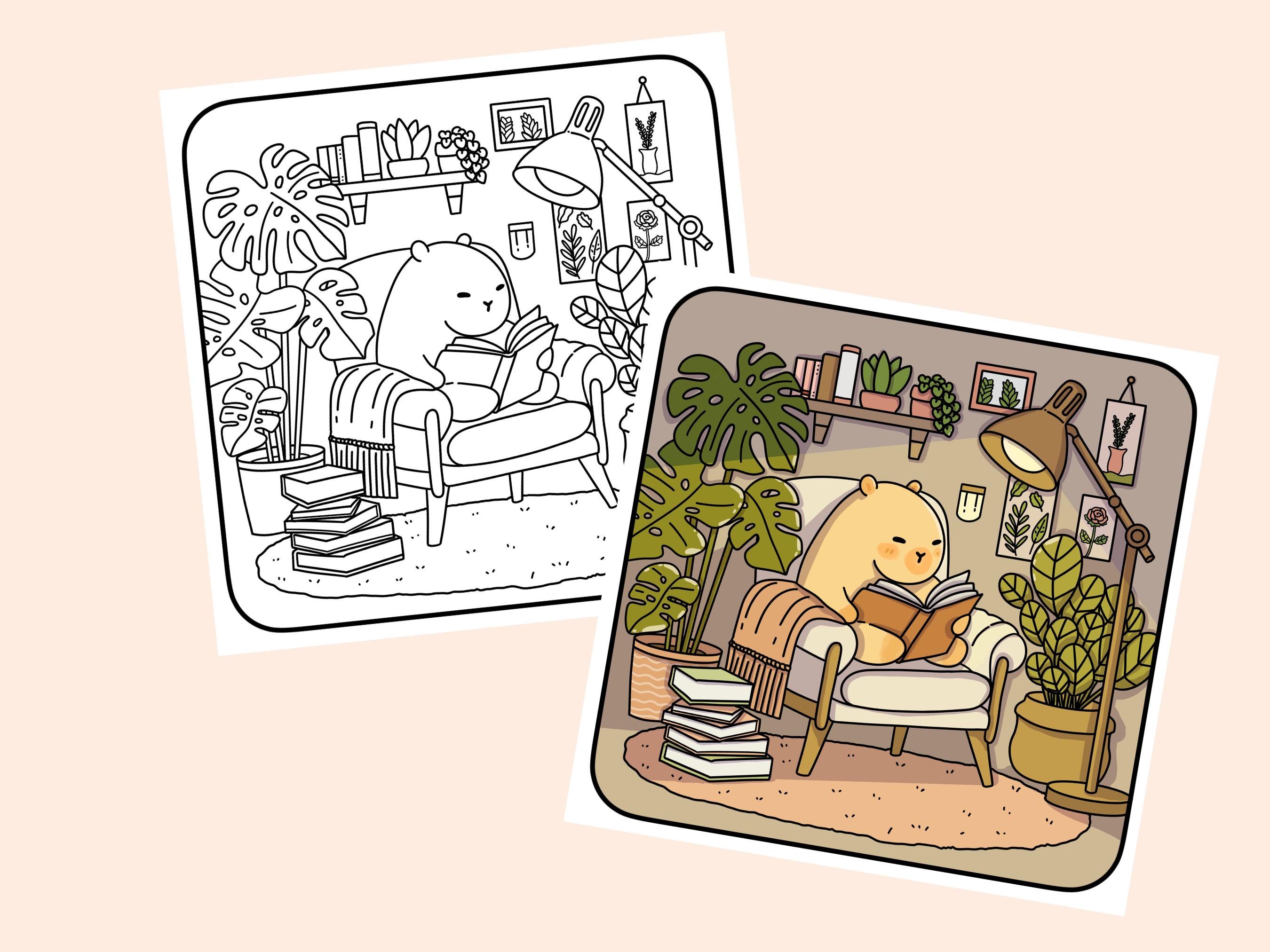 Capybara Comfy Coloring Page Hygge Coloring for Adult and Kids ...